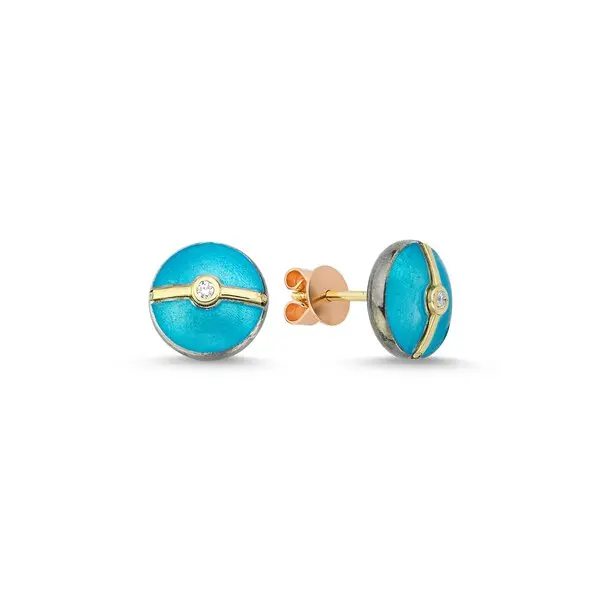 ECCE ARTISAN DIAMONDS Enamelled Mini Multi Diamond Buttons 14k Yellow Gold Earring Turquoise - Blue