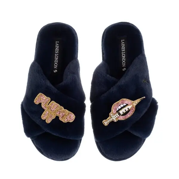 LAINES LONDON Classic Faux Fur Cross Strap Slippers With 'plump It' Brooch - Blue