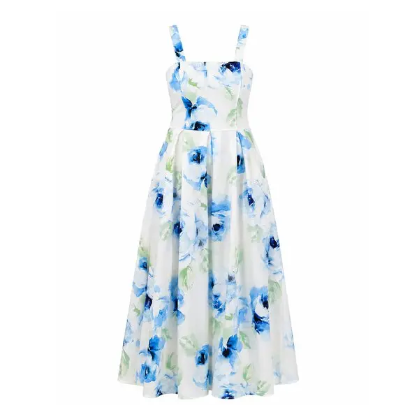 GIRL IN MIND Heather Floral Pleated Midi Dress - Blue