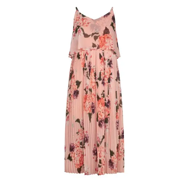 URBAN TOUCH Floral Print Pleated Cami Midi Dress _ - Pink