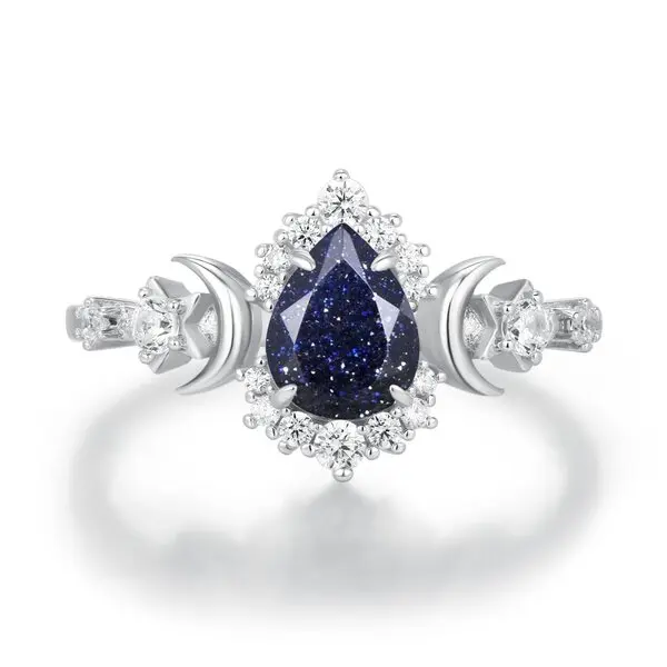 AZURA JEWELRY NEW YORK Galactic Pear Cut Blue Sandstone Ring White Gold Vermeil - Silver