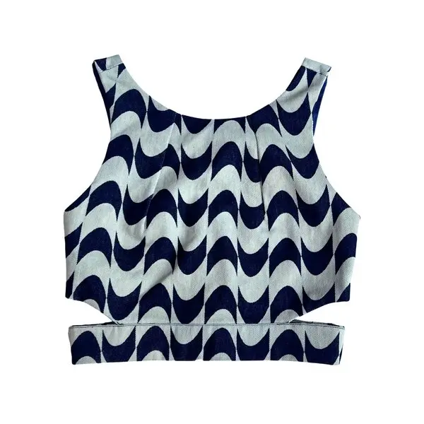 L2R THE LABEL Printed Side Cut-outs Denim Top - Blue