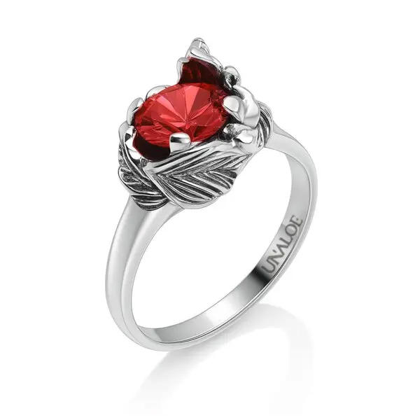UNALOE Silver / Red Sterling Silver Ring With Red Zircon Coleus– Handmade Jewelry - Silver/red