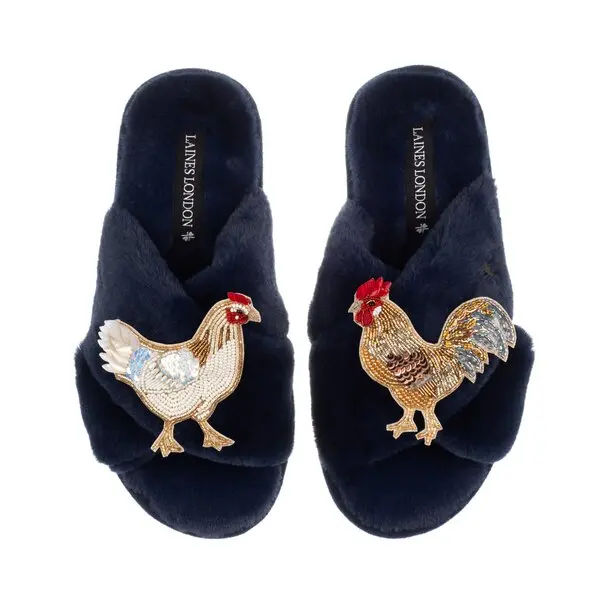 LAINES LONDON Embellished Faux Fur Slippers With Chicken And Rooster Brooches - Blue