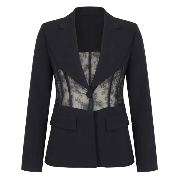 MODENAIRE Lace Panel Blazer Sculpted Form - Black