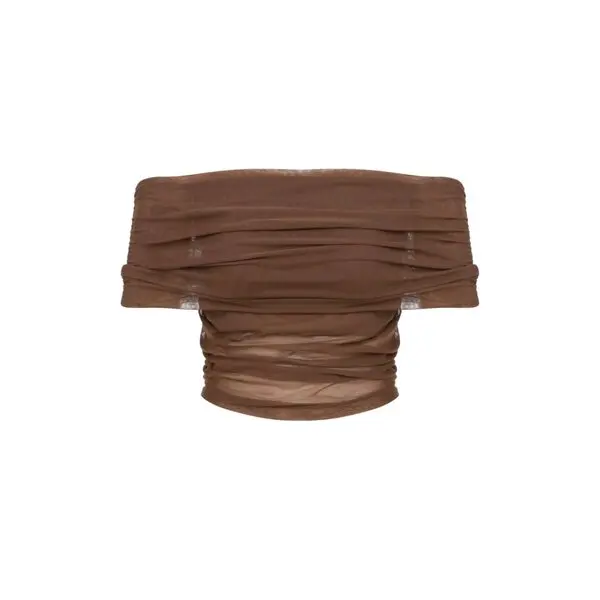 THISISU COLLECTION Sheer Crop Top Lightweight Semi-sheer Cropped Blouse Mocha Muse - Brown