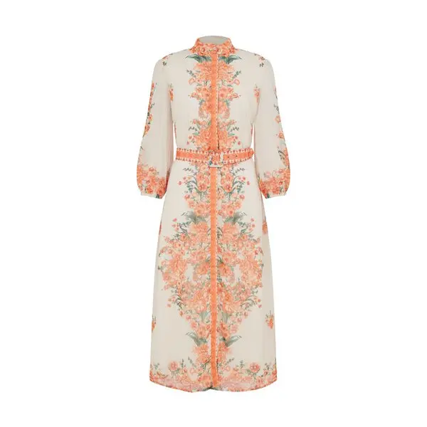 RAISHMA Rose Floral 3/4 Length Sleeve Belted Midi Shirt Dress - Orange