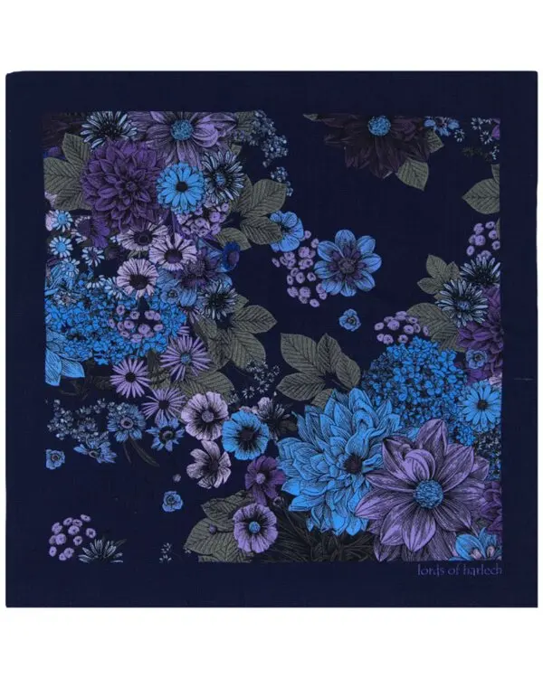 LORDS OF HARLECH Hudson Marco Floral Merino Handkerchief Pocket Square Navy - Blue