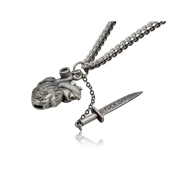 CARTOGRAPHY Silver / Grey Fuck Off Dagger In Heart Anatomical Heart Necklace In Sterling Silver - Silver/grey