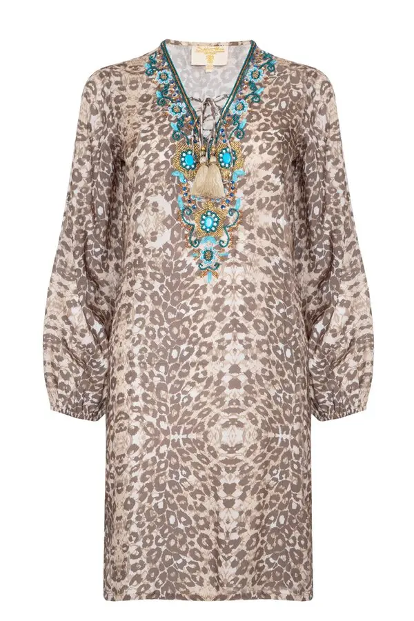 SOPHIA ALEXIA Neutrals Leopard Sands Maldives Beaded Kaftan - Yellow
