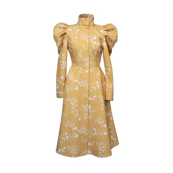 RAINSISTERS Coat With Balloon-styled Sleeves And White Floral Print: Majestic - Yellow