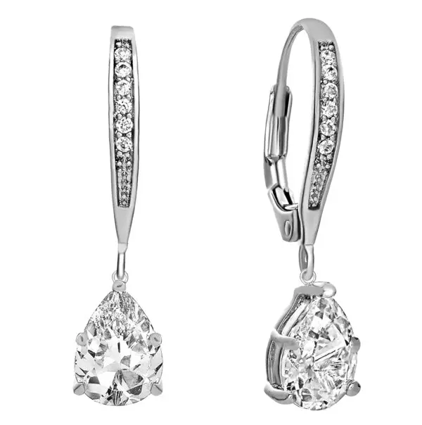 GENEVIVE Sterling White Gold Plating With Pear-shaped Cubic Zirconia Dangle Earrings - Silver