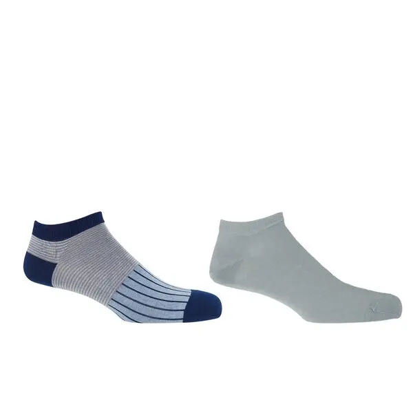PEPER HAROW - MADE IN ENGLAND Classic Cloud & Oxford Stripe Blue Trainer Socks Bundle - Grey