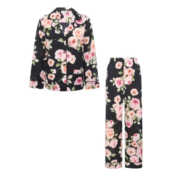 KATRO Black / Red Colony Cabbage Rose Black Cotton Pajamas - Black/red