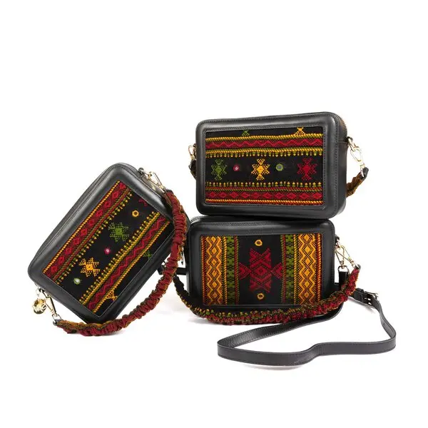 SJW BAGS LONDON Neutrals / Black / Red Perazzi Gujarati Woven Textile & Leather Cross Body Bag - Black/red