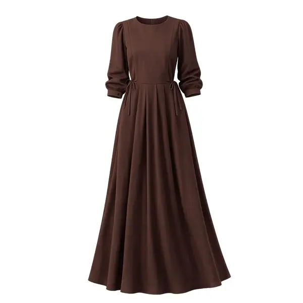 NIKKA PLACE Maxi Linen A-line Dress With Bishop Sleeves And Pockets In Chocolate Color - Brown