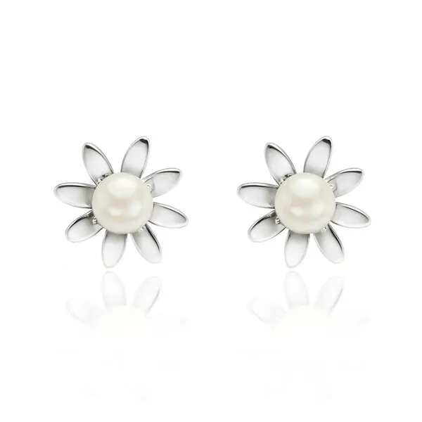 UNALOE Sterling Daisy Flower Stud Earrings With Mother Of Pearl – Contemporary Floral Designer Jewelry - Silver