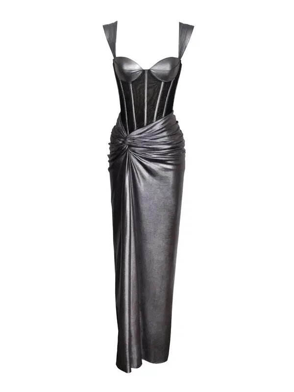 MISS CIRCLE NEW YORK Odessa Metallic Corset Maxi Dress - Silver