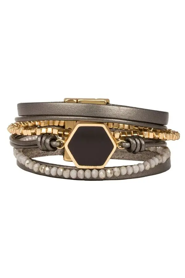 Saachi Hexa Leather Bracelet - Grey