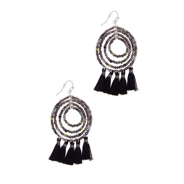 Saachi Beaded Tassel Hoop Earrings - Black