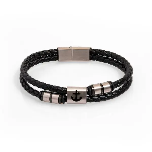 EBRU JEWELRY Black / Silver Silver Anchor Design Black Leather Style Bracelet Silver - Black/silver