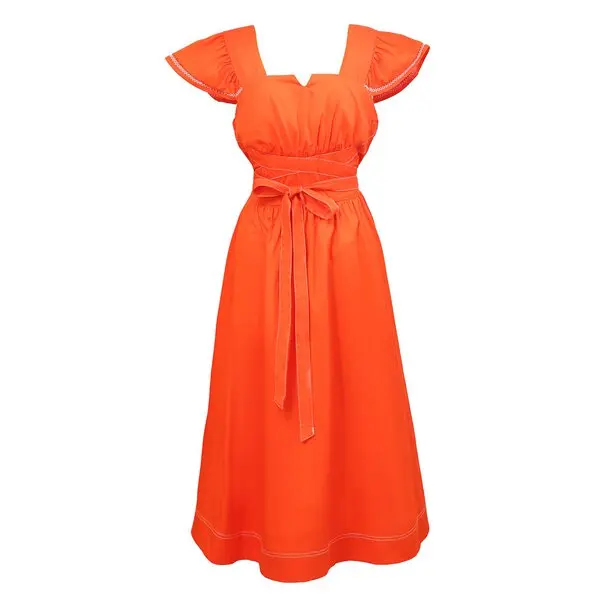 SMART AND JOY Ruffle Sleeves Square Cleavage Dress - Orange