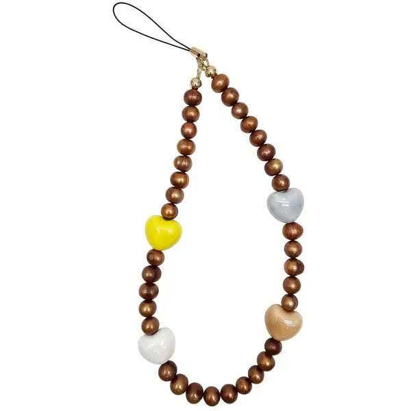 FARRA Freshwater Pearls With Hearts Phone Strap - Brown