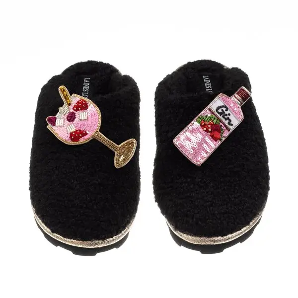 LAINES LONDON Teddy Closed Toe Slippers With Pink Gin & Fruit Glass Brooches - Black