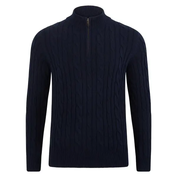 PAUL JAMES KNITWEAR Midweight Romano Cotton Cable Zip Neck Jumper Navy - Blue