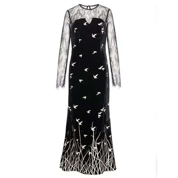SMART AND JOY Golden Embroidery Velvet Maxi Dress - Black
