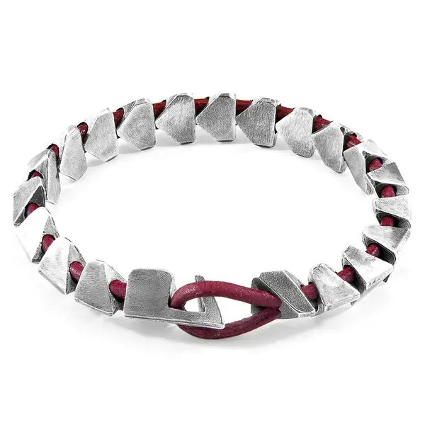 ANCHOR & CREW Red / Silver Red Bordeaux Brixham Maxi Silver & Round Leather Bracelet - Red/silver