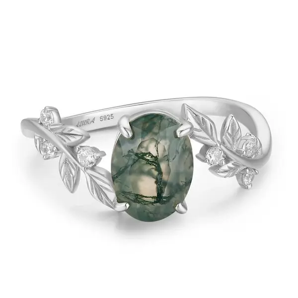 AZURA JEWELRY NEW YORK Between The Leaf Oval Moss Agate Ring White Gold Vermeil - Silver