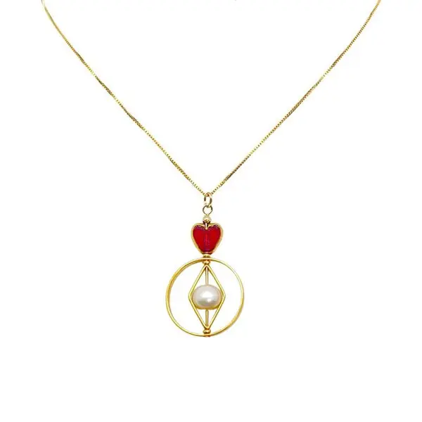 ARACHELI STUDIO Geometric Heart X Pearl Chain Necklace - Red