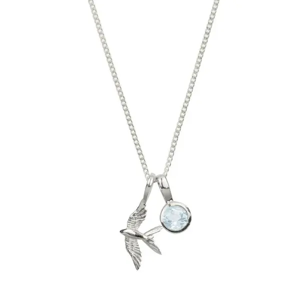 CHARLOTTE'S WEB JEWELLERY Blue / Silver Swallow In Flight Silver Necklace With Blue Topaz Birthstone Charm - Blue/silver