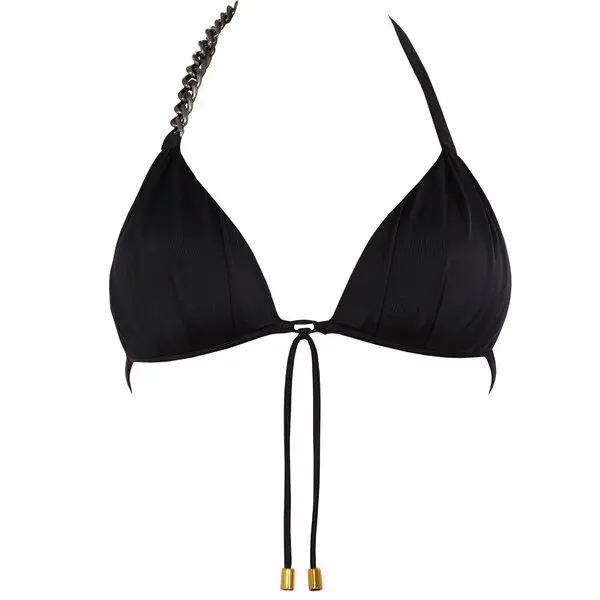 ANTONINIAS Lisome Padded Halter Bikini Top With Metal Chain - Black