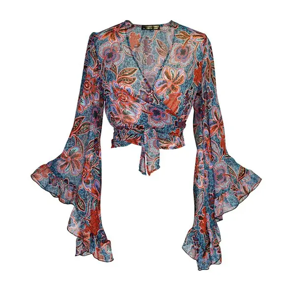 JENNAFER GRACE Blue / Red Boogie Muse Wrap Top In Aurora Botanica - Blue/red