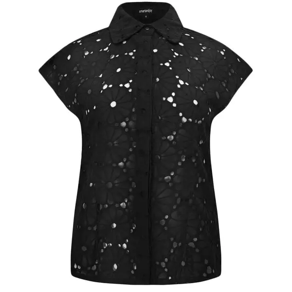 SMART AND JOY Cotton Lace Short Sleeve Shirt - Black