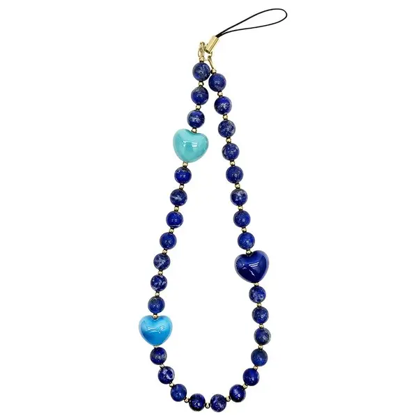 FARRA Natural Lapis With Ceramic Hearts Phone Strap - Blue