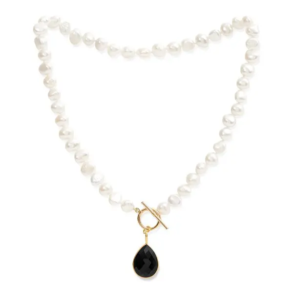 PEARLS OF THE ORIENT ONLINE Black / White Clara White Cultured Irregular Freshwater Pearl Necklace With Spinel Gold Vermeil Drop - Black/white