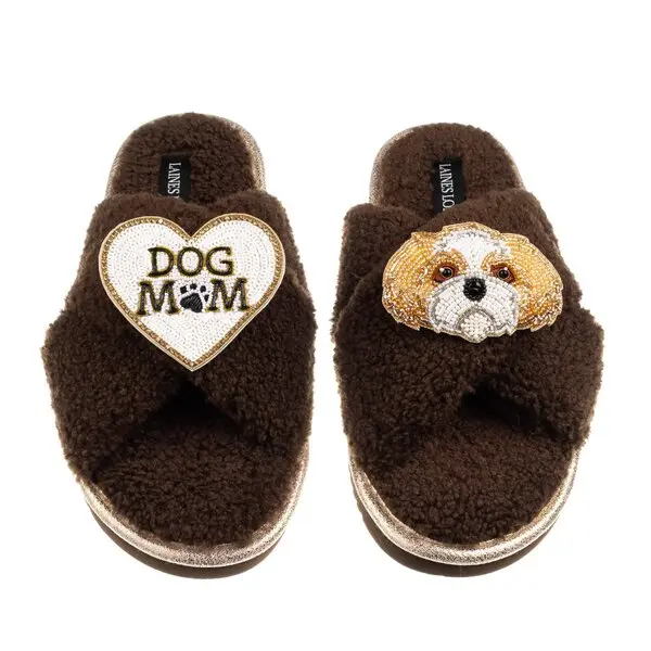 LAINES LONDON Neutrals Boucle Slippers With Dog Mum/mom & Gold & White Shih Tzu Brooches Chocolate - Brown