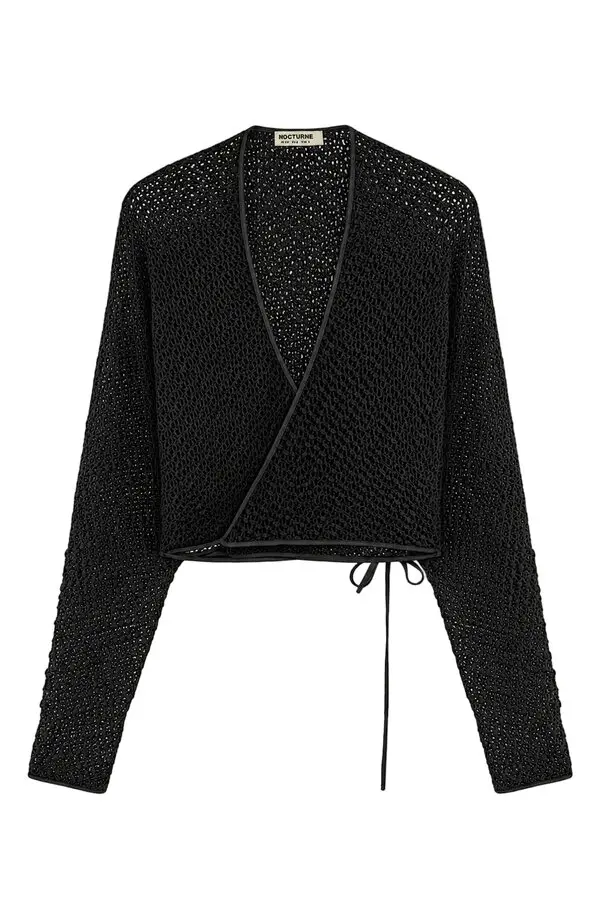 NOCTURNE Long Sleeve Wrap Mesh Blouse - Black