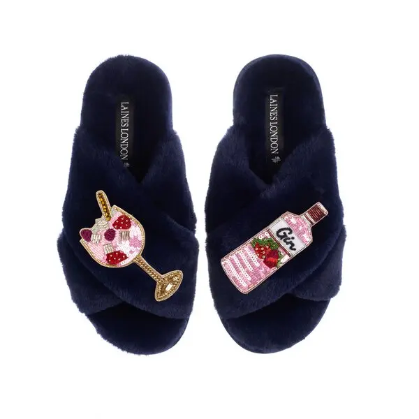 LAINES LONDON Embellished Faux Fur Cross Strap Slippers - Blue