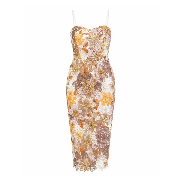 GIRL IN MIND Poppy Floral Lace Midi Dress - Brown
