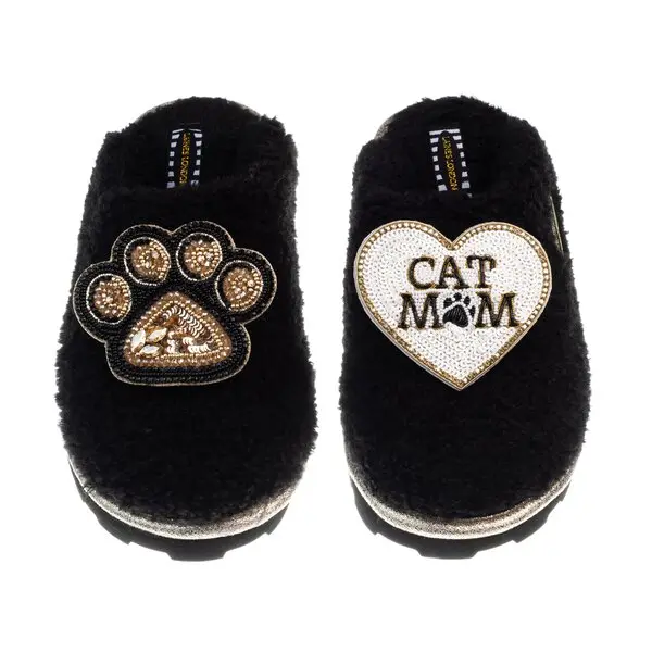 LAINES LONDON Teddy Closed Toe Slippers With Paw & Cat Mum / Mom Brooches - Black