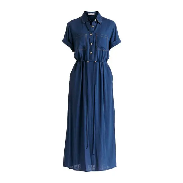 PAISIE Linen Blend Shirt Dress With Stitch Details In Navy - Blue