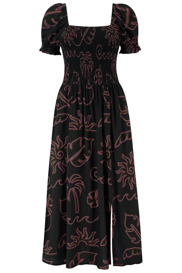 SUGARHILL BRIGHTON Nicole Shirred Midi Dress Tropical Lines - Black