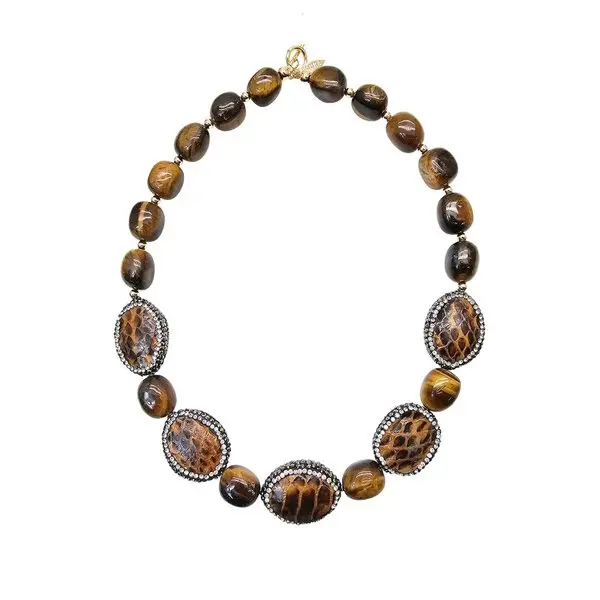 FARRA Tiger Eye With Leather Rhinestone Statet Necklace - Brown