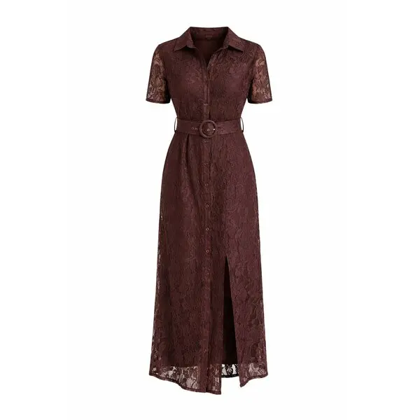 GIRL IN MIND Tansy Short Sleeve Lace Shirt Dress - Brown