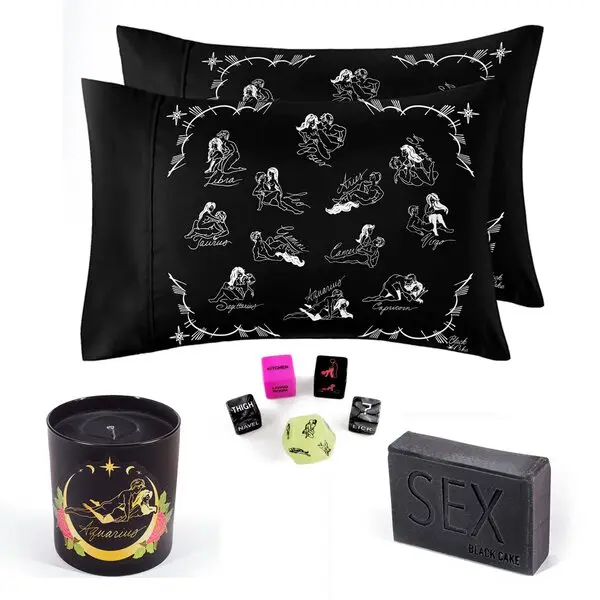 BLACK CAKE Aquarius Pleasure Pack- Zodiac Horoscope Love Pillowcase, Soap, Dice, Candle Set - Black
