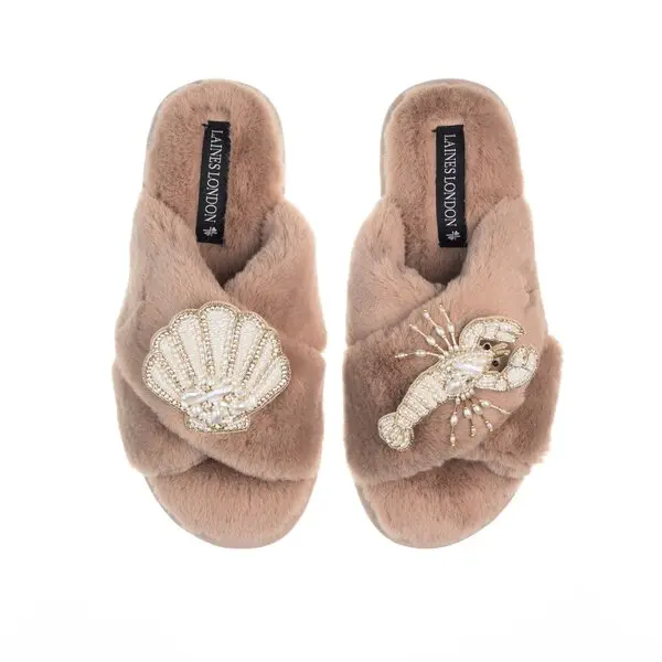 LAINES LONDON Faux Fur Slippers With Beaded Lobster And Shell Brooches - Brown